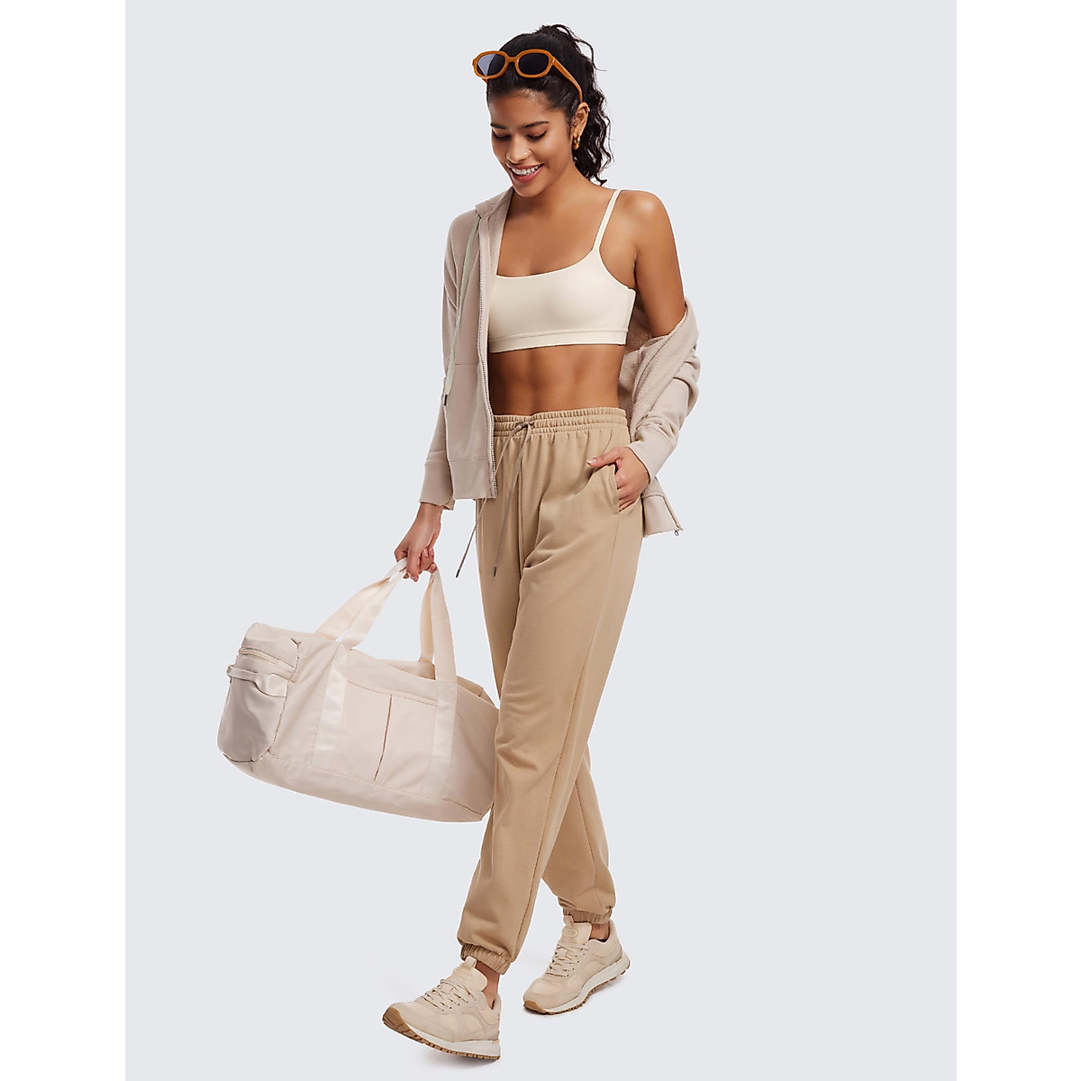 CRZ YOGA Womens Butterluxe Adjustable Spaghetti Strap Sports Bra - Scoop Neck Wireless Padded Yoga Workout Crop Top White Apricot Small