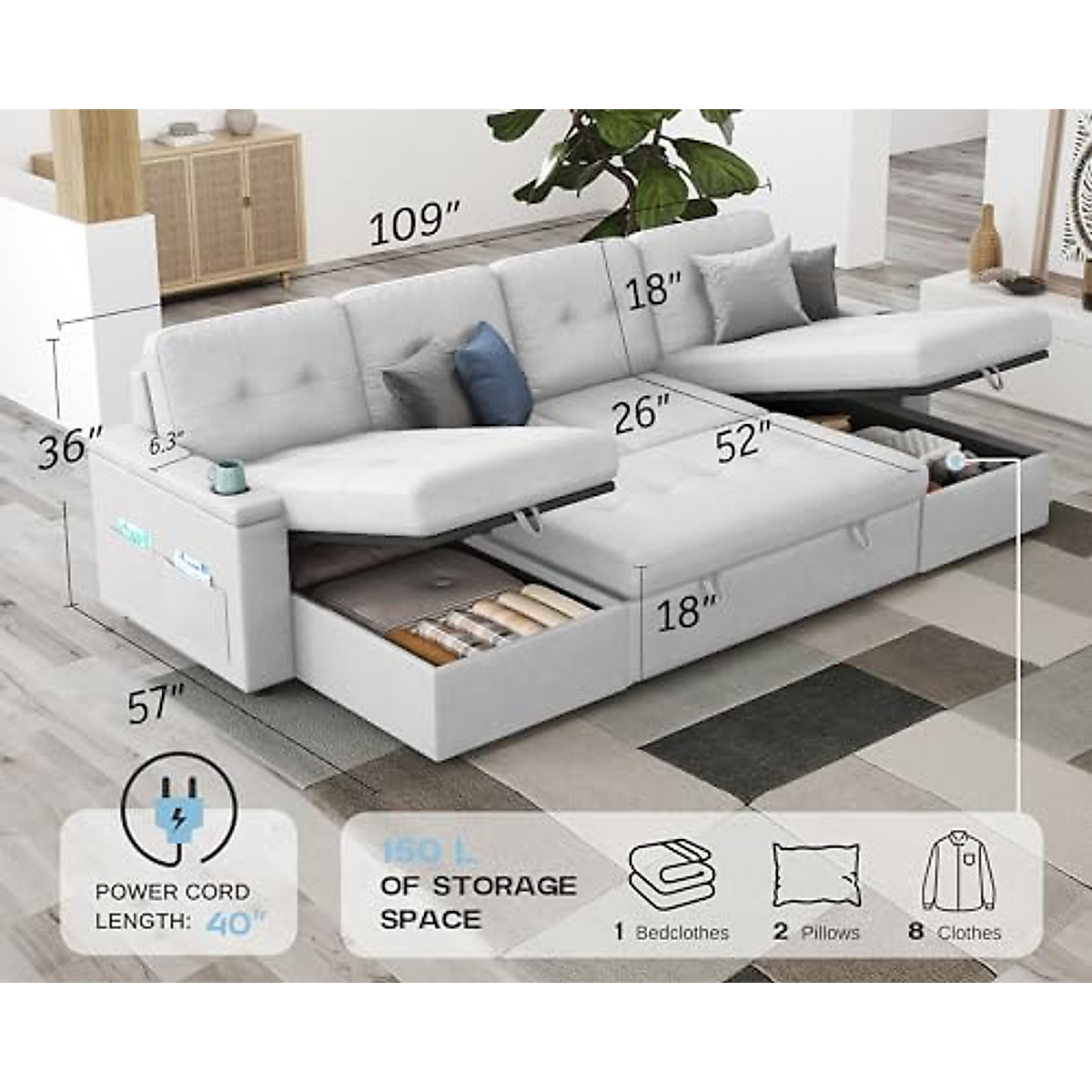 PaPaJet Pull Out Sofa Bed, 2 in 1 Sleeper Couch with USB Charging Stocket & Beverage Holders, Sectional Sofa Bed with Dual Chaise- Light Gray Chenille