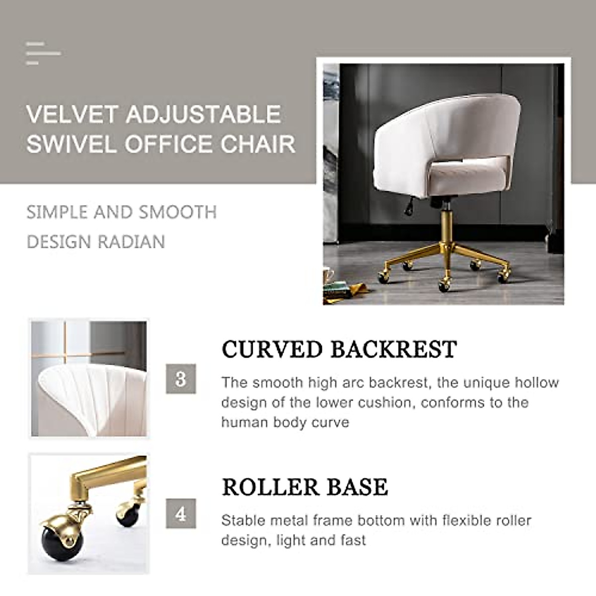 Qtivii Velvet Home Office Chair, Modern Office Chair with Gold Base, Home Office Desk Chair for Living Room, Bedroom, Vanity, Study (Beige)