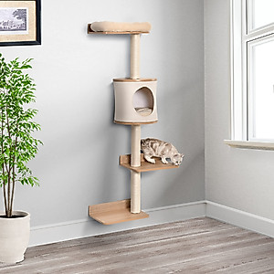 PawHut 4-Level Wall-Mounted Cat Tree Activity Tower, Wall Cat Shelves with Sisal Rope Scratching Posts, Cat Condo and Bed, Light Brown