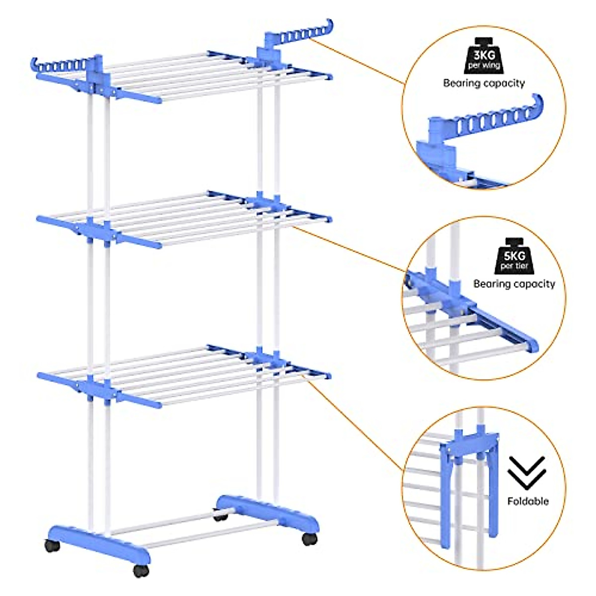 Mbillion Clothes Drying Rack Wall Mounted Space Saver Clothes Hanger Rack with Towel Bar Heavy Duty Suction Cups for Balcony Laundry Bathroom Patio and Bedroom (Blue)