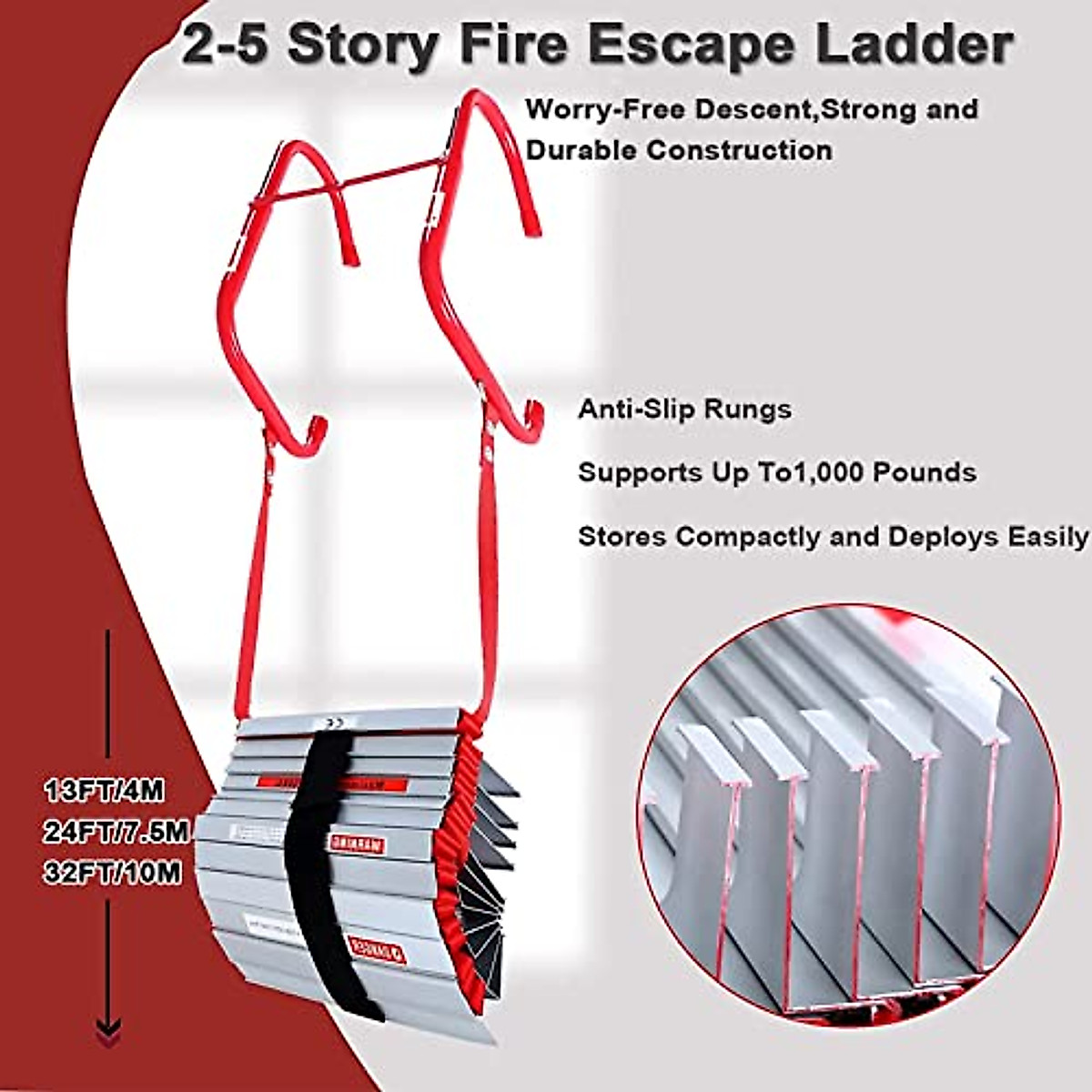 FGQCBBYC Fire Escape Ladders Rope Ladder 2-6 Storey Evacuation Safety Ladder with Anti-Slip Rungs, Emergency Fire Escape Ladder, for Indoor/Outdoor Weight Capacity up to 1000lb,4M/13FT