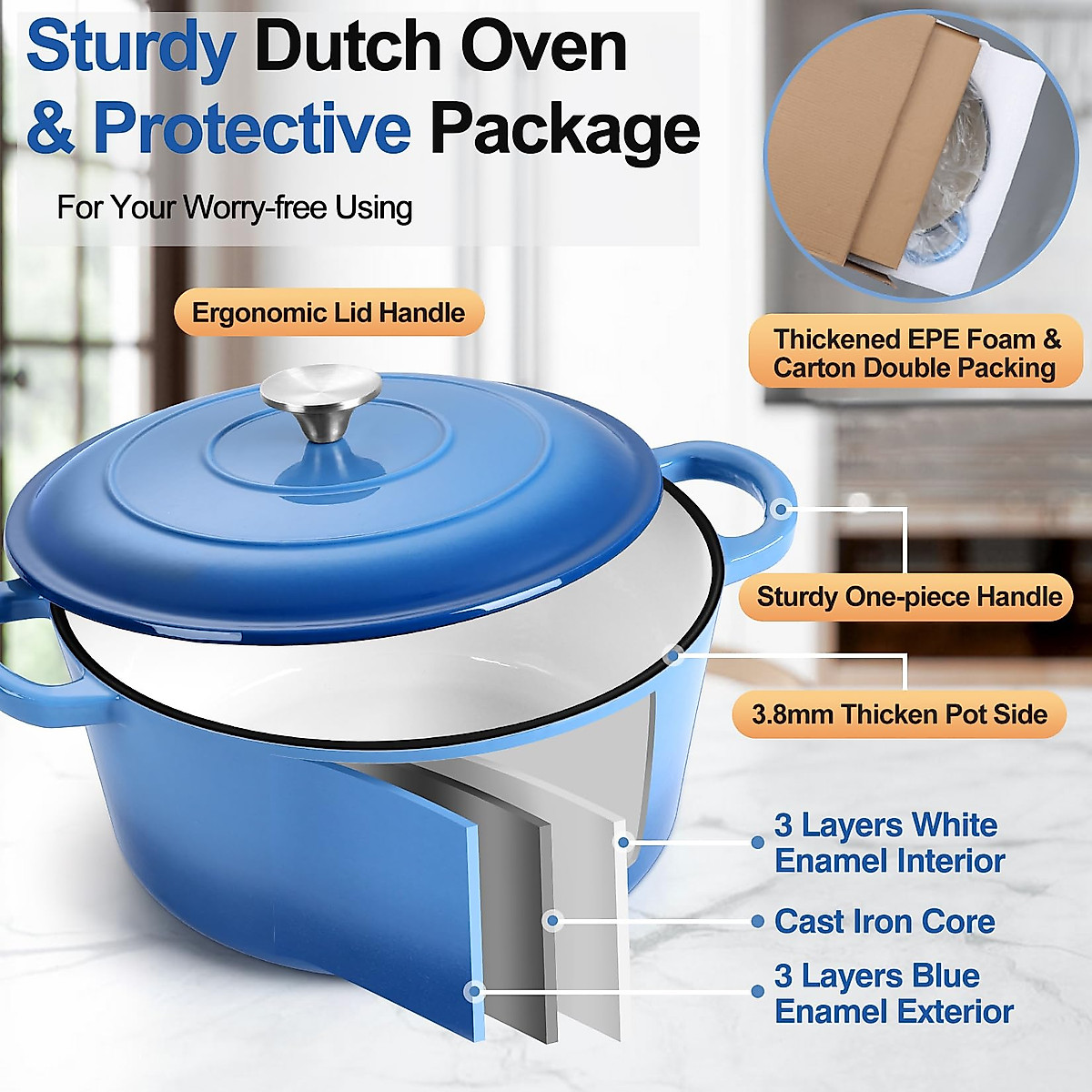 6 Quart Enameled Dutch Oven with Lid, P&P CHEF Cast Iron Dutch Oven Pot, Enamel Round Dutch Oven Cooking Pot for Braising, Stewing, Roasting, Baking, Various Stoves & Oven Safe, (Blue)