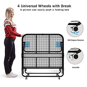 EtherealZYF Folding Bed with 5 Inch Mattress, 75x38 Twin Size Steel Frame Base, Memory Foam, Portable Foldable Roll Away Adult Bed with Lockable Wheels, Easy Assembly & Moving, Space-Saving Black