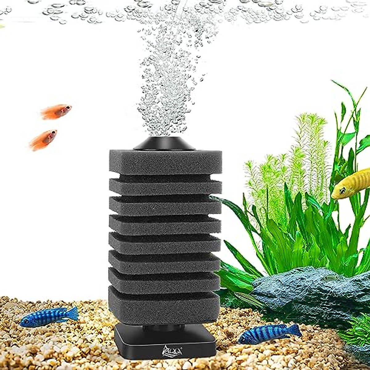 AQQA Aquarium Filter, Submersible Sponge Filter with Filtration and Aeration 2 in 1 Ultra Quiet Fish Tank Filters for 5-30 Gallon Shrimp Betta Fish Tank with 1pcs Replacement Sponge