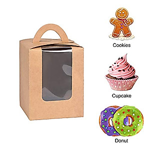 Moretoes 60 Pcs Individual Cupcake Boxes, Brown Single Cupcake Boxes with Window Inserts and Handle, Kraft Cupcake Containers Bulk for Bakery Wrapping Party Favor Packing