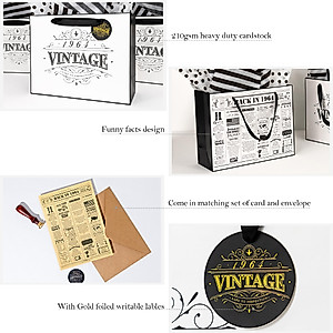 Crisky 60th Birthday Gift Wrap Bag Vintage 1964 with 60th Birthday Card Matching Envelope Sticker and Tissue Paper for Women/Men/Wife/Husband/Mom/Dad, 13" x 10" x 5"