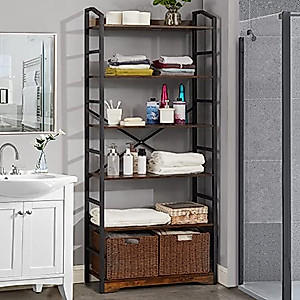 Vagusicc 6 Tier Bookshelf with 2 Storage Baskets, Tall Bookcase Shelf Storage Organizer Wood Book Shelf, Modern Shelf Rack Shelves with Steel Frame, Multipurpose Bookshelf for Bedroom Living Room