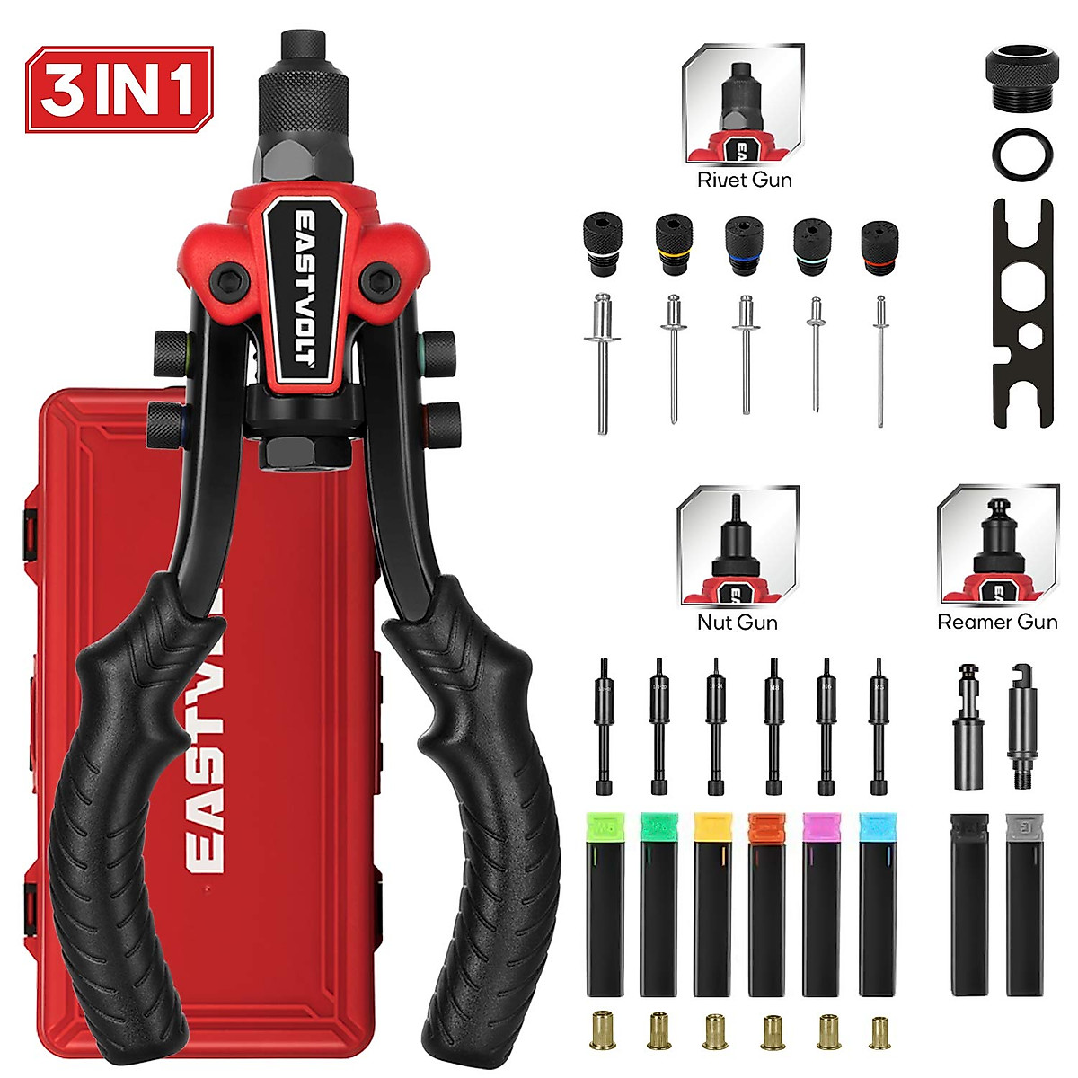 Eastvolt Rivet Nut Tool, 3 in 1 Hand Rivet, Rivet Gun Rivet Nut Tool Reamer 3 in 1 Set, Including 60Pcs Rivet Nuts, 6 Metric & SAE Mandrels and 2 Reaming Mandrels with Carrying Case (BT-501)