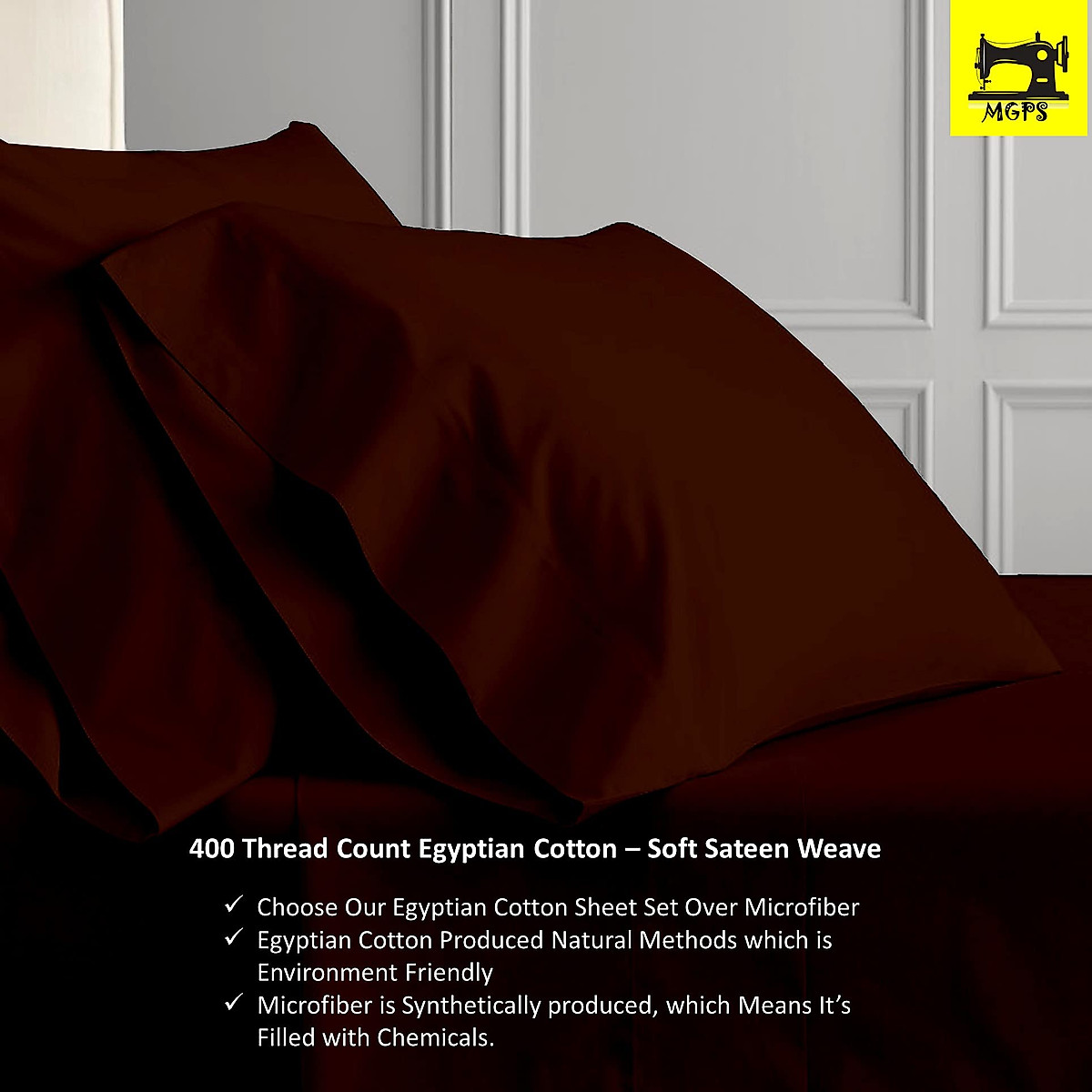 MGPS 400 Thread Count - 100% Pure Egyptian Cotton - 4 Piece Sheet Set, Fits Upto 15" Deep Pocket, Smooth & Soft Sateen Weave - |Queen, Chocolate Solid|