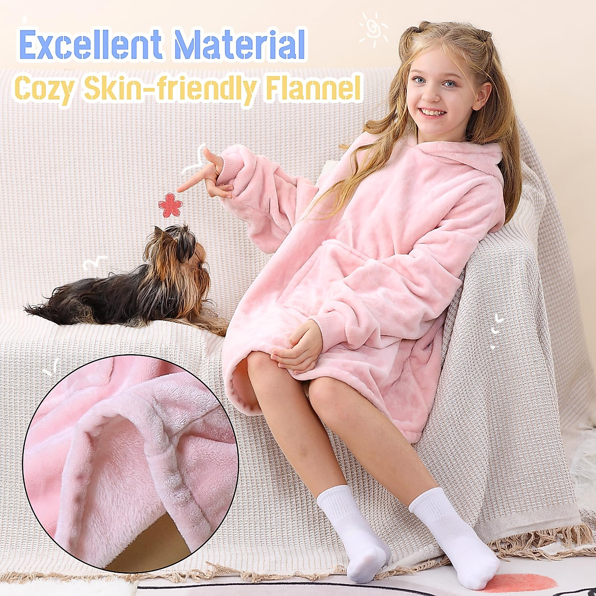 Aemilas Wearable Blanket Hoodie, Oversized Flannel Blanket Sweatshirt with Hood Pocket and Sleeves, Cozy Warm Plush Hooded Blanket for Kids Youth Boys Girls, One Size Fits All (Light Pink), Big Kid