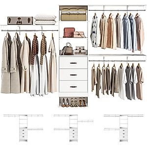 Armocity 120 Inches Closet System, 10FT Walk In Closet Organizer with 3 Shelving Towers, Heavy Duty Clothes Rack with 3 Drawers, Built-In Garment Rack, 120" L x 16" W x 75" H, Max Load 1300 LBS, White