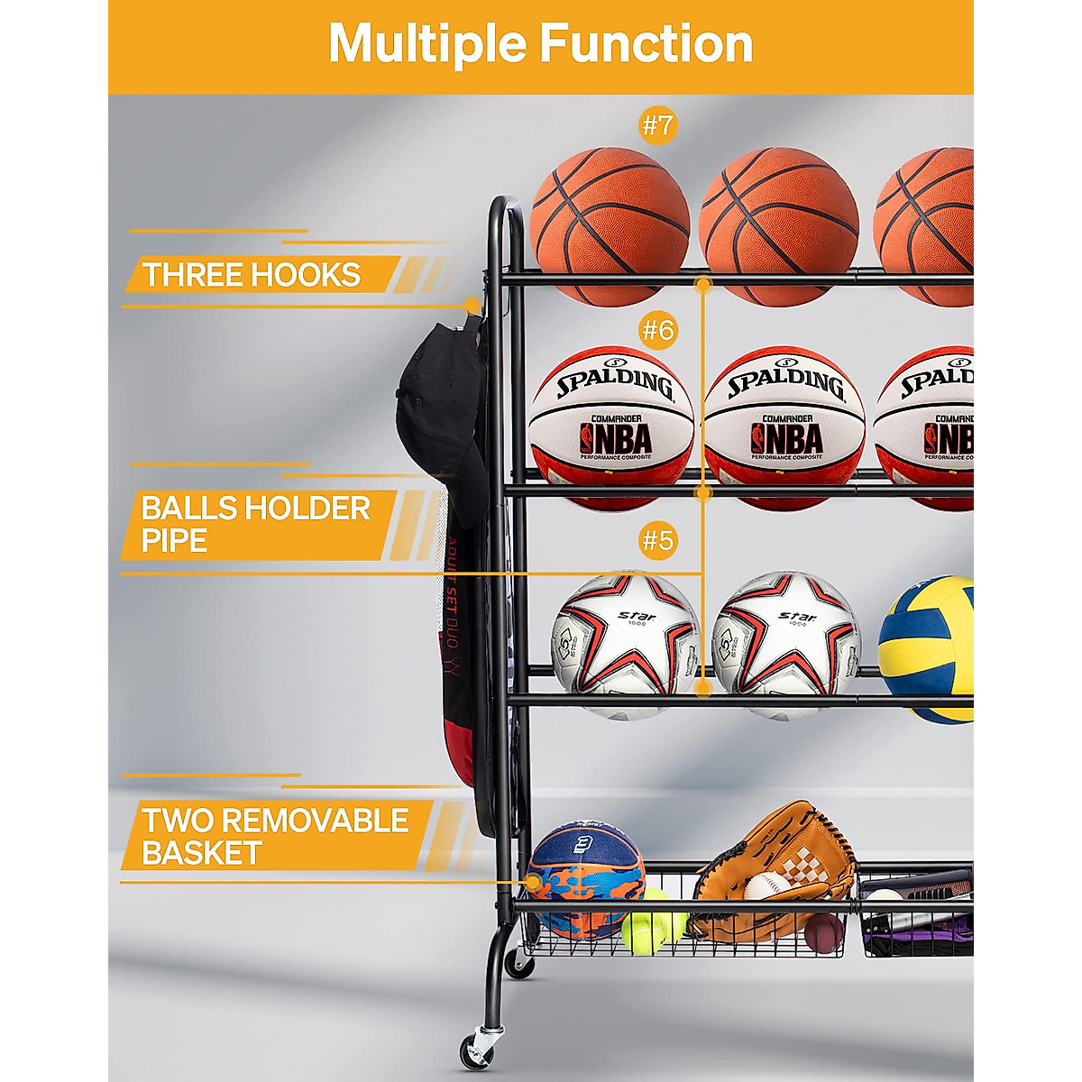 EXTCCT Basketball Rack, Outdoor Rolling Basketball Shooting Training Stand,Sports Equipment Storage with Wheels, Garage Four-layer ball Holder With Two Basket For Basketballs Footballs Volleyball