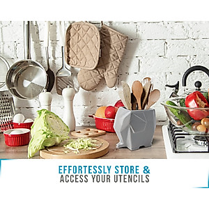 Novelty "Elephant" Cutlery Holder & Drainer for your Kitchen Sink - Multifunctional & Decorative Silverware Organizer, Utensil Caddy or Toothbrush Holder Made of Premium Ceramic - Grey