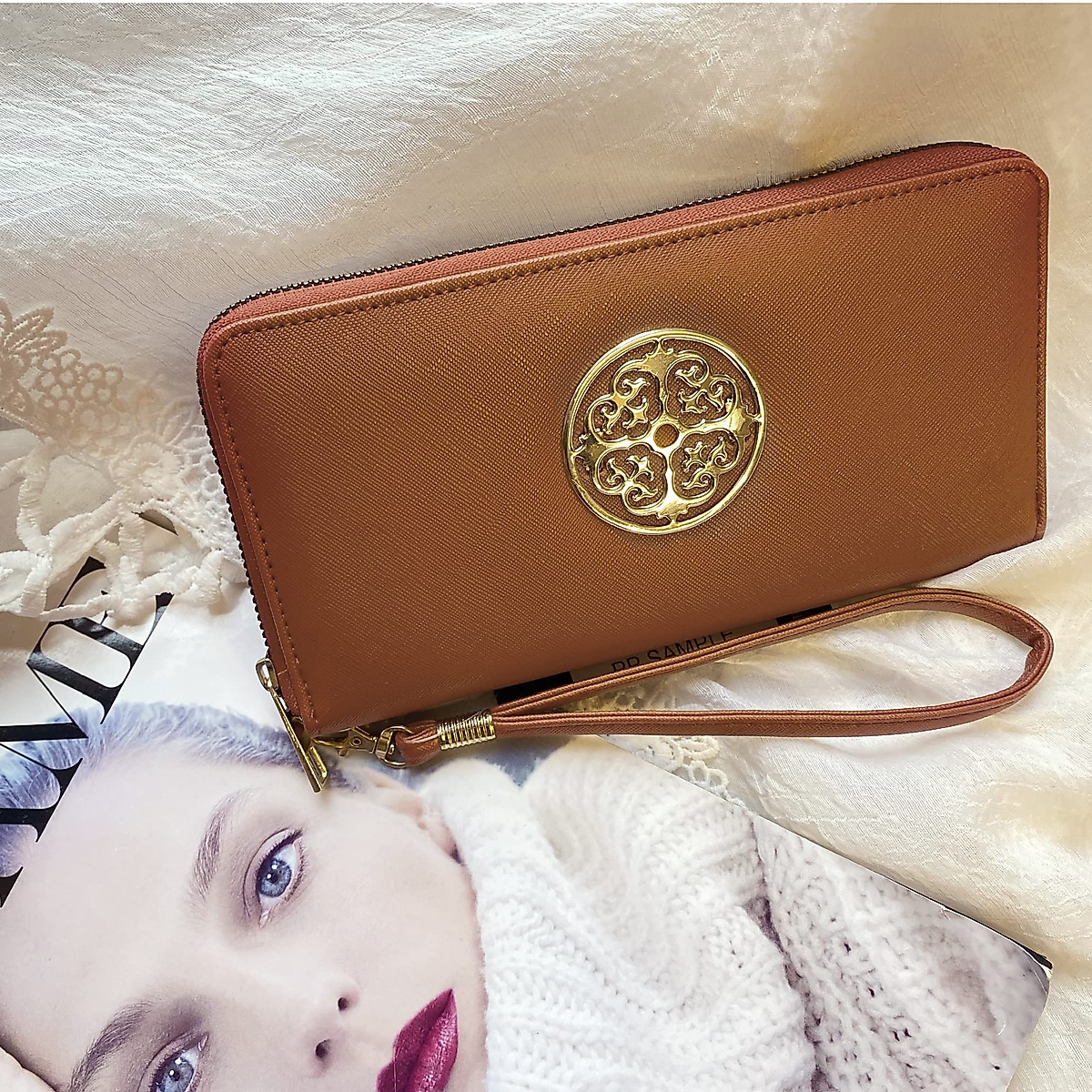 Rebecca & Rifka Women's Large Saffiano Vegan Leather Medallion Zip Around Multi Holder Organizer Wristlet Large Capacity Travel Clutch Wallet (Cognac)