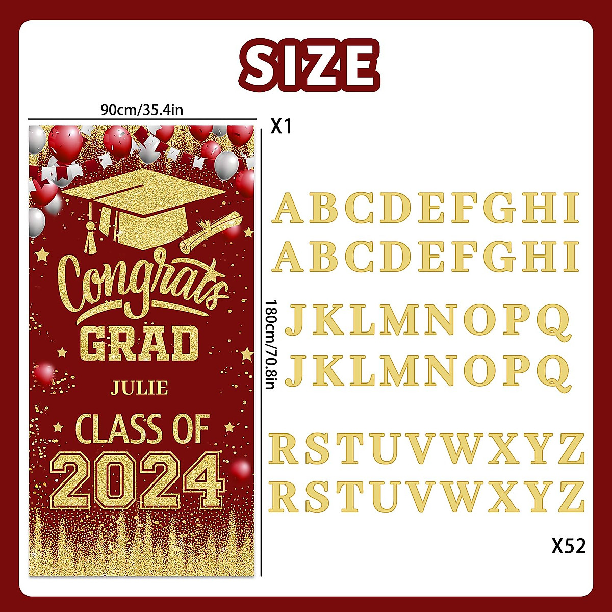 XHCYGWY Maroon and Gold Graduation Decorations Class of 2024 Banner Personalized Graduation Door Cover with 52 Alphabets Stickers,Congrats Grad 2024 Graduation Party