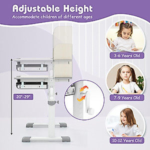 HONEY JOY Kids Desk, Children School Study Desk w/ 7-Level Tiltable Desktop, Height Adjustable Wooden Table w/Bookshelf & Pull-Out Drawer, Student Writing Workstation, Desk for Girls Boys (Gray)