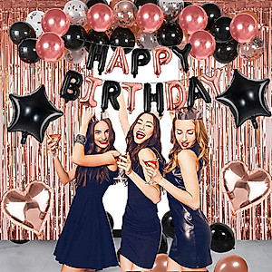Rose Gold Black Happy Birthday Party Decorations for Women Girls, Decor Set for Her, Happy Birthday Banner, Foil Balloons, Fringe Curtains, Crown, Cake Topper for 13th 16th 18th 21st 30th 40th 50th