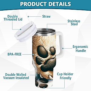 Burbuja Funny Cat Dog Paws 40oz Insulated Tumblers with Handle and Straw Lid, Double Wall Stainless Steel Travel Mug Leak-Proof, BPA Free, Gift for Mom Dad