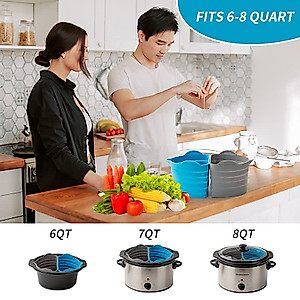 2 PCs 6-8 Quarts Silicone Crock Pot Divider Insert Oval, Reusable Slow Cooker Liners for Hamilton Beach, KitchenAid or any other Crockpot Liners, Dishwasher Safe, Leak Proof, Easy Clean (Grey+Blue)
