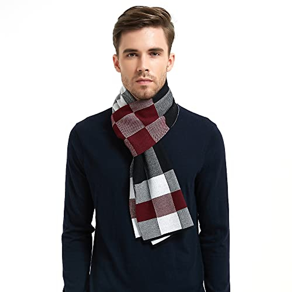 BMVMB Men Winter Cashmere Scarf Wool Soft Warm Knitted Plaid Scarves for Men (Black(Plaid))