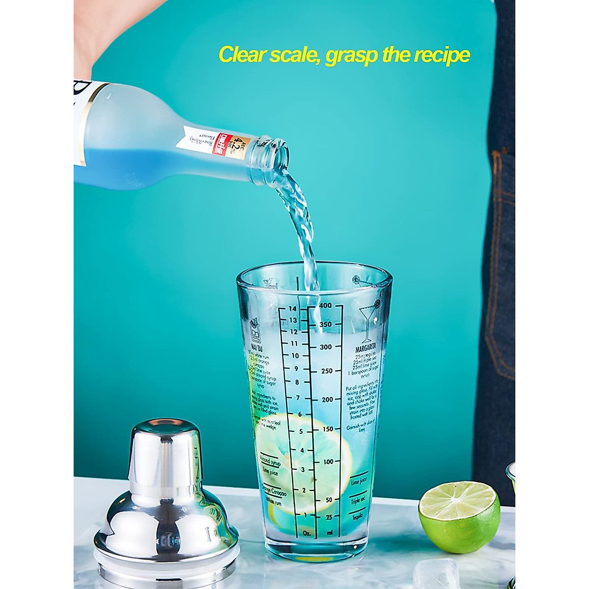 14oz Glass Cocktail Shaker,Martini Shaker Printed with 6 Drink Recipes，Measured Mixing Glass and Stainless Steel Top Drink Shaker, Best Gift for Beginner