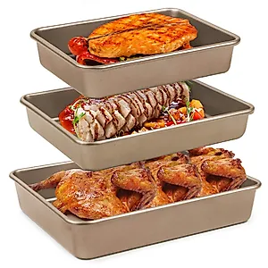 SuperMa 3 Pack Deep Baking Pans Set Nonstick Rectangular Cookie Sheets 9 11 13 Inch Baking Sheets for Baking Bread, Toaster Bakeware Gold
