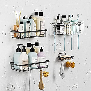 Tivisir Shower Caddy 4-Pack,Bathroom Storage Rack with Hook,Adhesive Shower Organizer ＆Drilling, Shower Organizer with Toothbrush Holder with Soap Rack,Rustproof Stainless Steel Shower Shelf (Black)