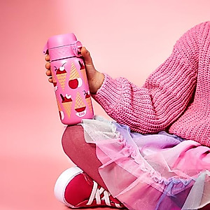 Ion8 Kids Water Bottle, Steel 400 ml/13 oz, Leak Proof, Easy to Open, Secure Lock, Dishwasher Safe, Flip Cover, Carry Handle, Easy Clean, Durable, Scratch Resistant, Raised Print, Ice Creams Design