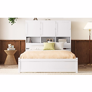 GM Ultra Queen Size Bed Frame with Storage Headboard, Bed Frame Queen Size with 4 Storage Drawers Cabinet, Platform Bed Frame Queen Size with Cabinet, No Box Spring Needed, Easy Assembly, White