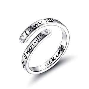 I am Enough Strong Inspirational Message Arrow Rings 925 Sterling Silver Sizeable Quote Wrap Ring Encouragement Jewelry for Women (C)