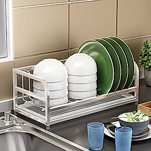 Dish Drying Rack, 304 Stainless Steel Dish Dryer Rack with Removable Drainer Tray Stand On Counter Top Sturdy, Durable and, 16.5" L x 7.9" W x 6.5" H Silver