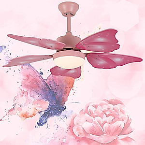 KWOKING Lighting Creative Butterfly Wing Ceiling Light and Fan with Remote Control 5 Blades LED Bedroom Hanging Fan Light Adjustable Speed for Kids Bedrooms - Pink