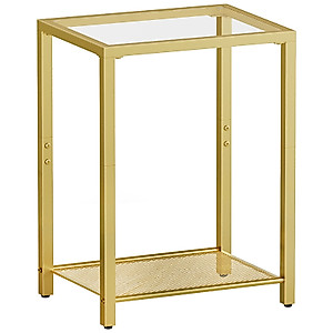 HOOBRO Side Table, 2-Tier End Table, Nightstand for Tight Spaces, Tempered Glass Bedside Table, Modern Metal Frame, for Office, Bedroom, Living Room, Study, Gold GD76BZ01