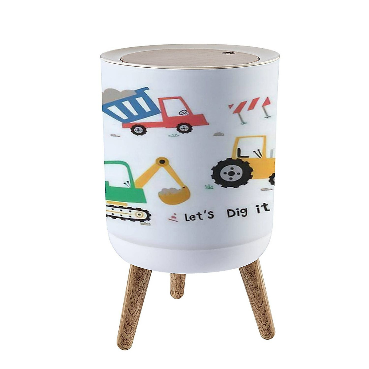 KCDCYCZEAL Small Trash Can with Lid Cute Construction Trucks for Kids Round Recycle Bin Press Top Dog Proof Wastebasket for Nursery Playroom Bedroom Office 7L/1.8 Gallon