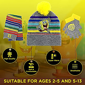 Spongebob Squarepants Winter Hat, Scarf, and Snow Gloves for Kids, 3 Pc. Set, Warm and Cute Pom-Pom Beanie Boys Girl Toddler