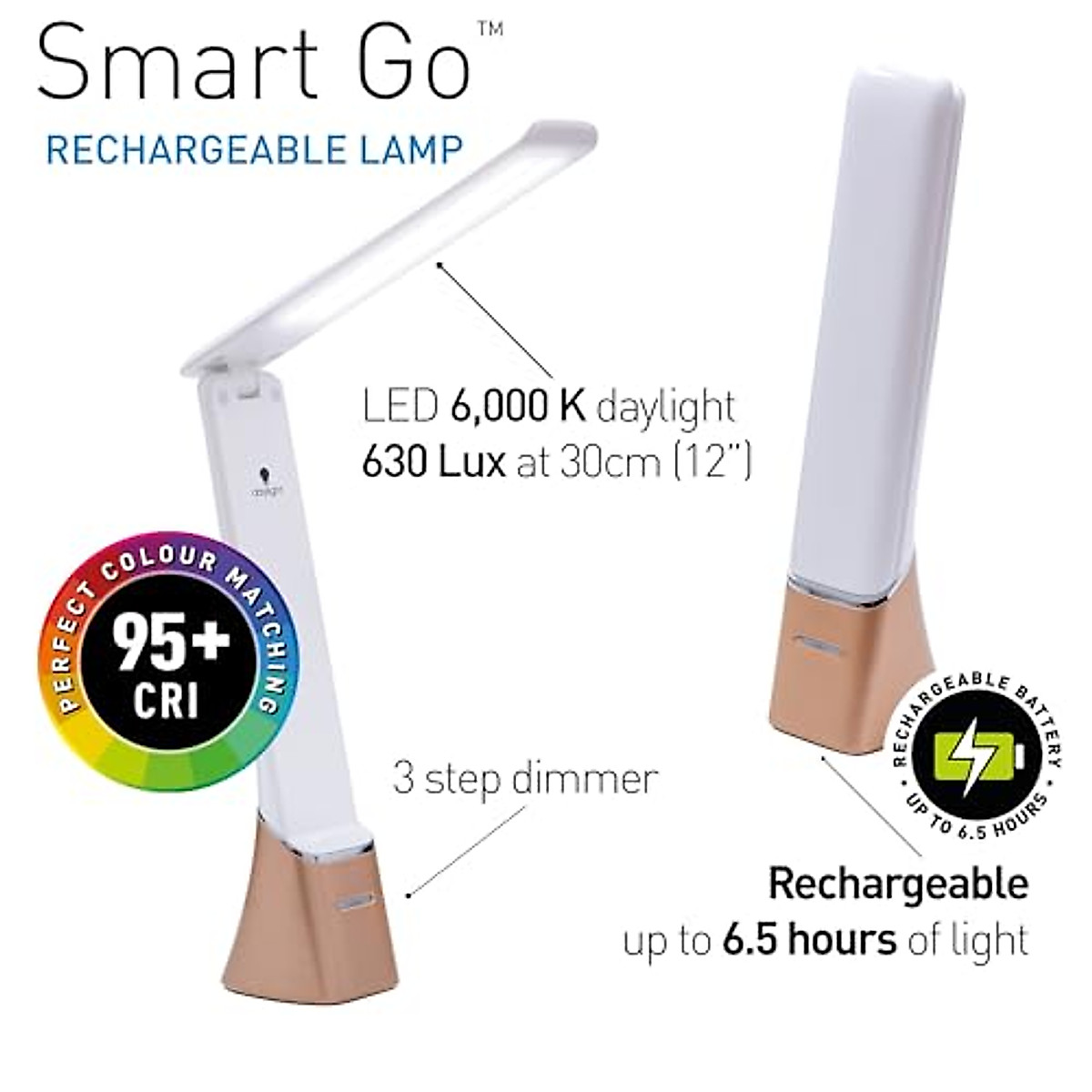 Daylight Company Smart Go Portable Ideal for Reading, Light Therapy, Everyday Tasks, Crafts, Desk Work, DIY, Led, Chargeable lamp, 1 Count (Pack of 1), White