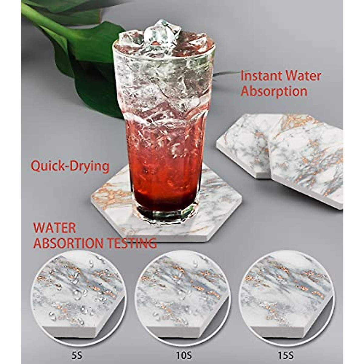 Marble Coasters for Drinks Absorbent with Cork Base, 6 Pcs Drink Coasters for Wooden Table with Metal Holder, Gold Ceramic Cup Coaster Set Rustic Home Decor for Living Room Bar - Housewarming Gifts