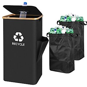 Recycling Bin Organizer for Home - 26 Gallon Recycle Bin for Kitchen with 2 Reusable Inner Bags - Indoor Recycling Bins with Lid for Bottles Cans Glass Plastic Cartons, Waterproof & Reusable (Black)