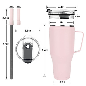 Sursip 40 oz Insulated Tumbler with Screw Lid - Stainless Steel Vacuum Cup with Straw and Handle, Keeps Drinks Cold up to 24 Hours - Sweat/Leak Proof, Dishwasher Safe, Fits Car Cup Holder (Pink)