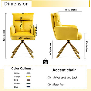 somedream Modern Swivel Accent Chair with Arm Rests, Office Velvet Desk Chair with Cosy Thick Padded Back Cushion, Resting Chair without Wheels for Bedroom Living Room Indoor, Yellow