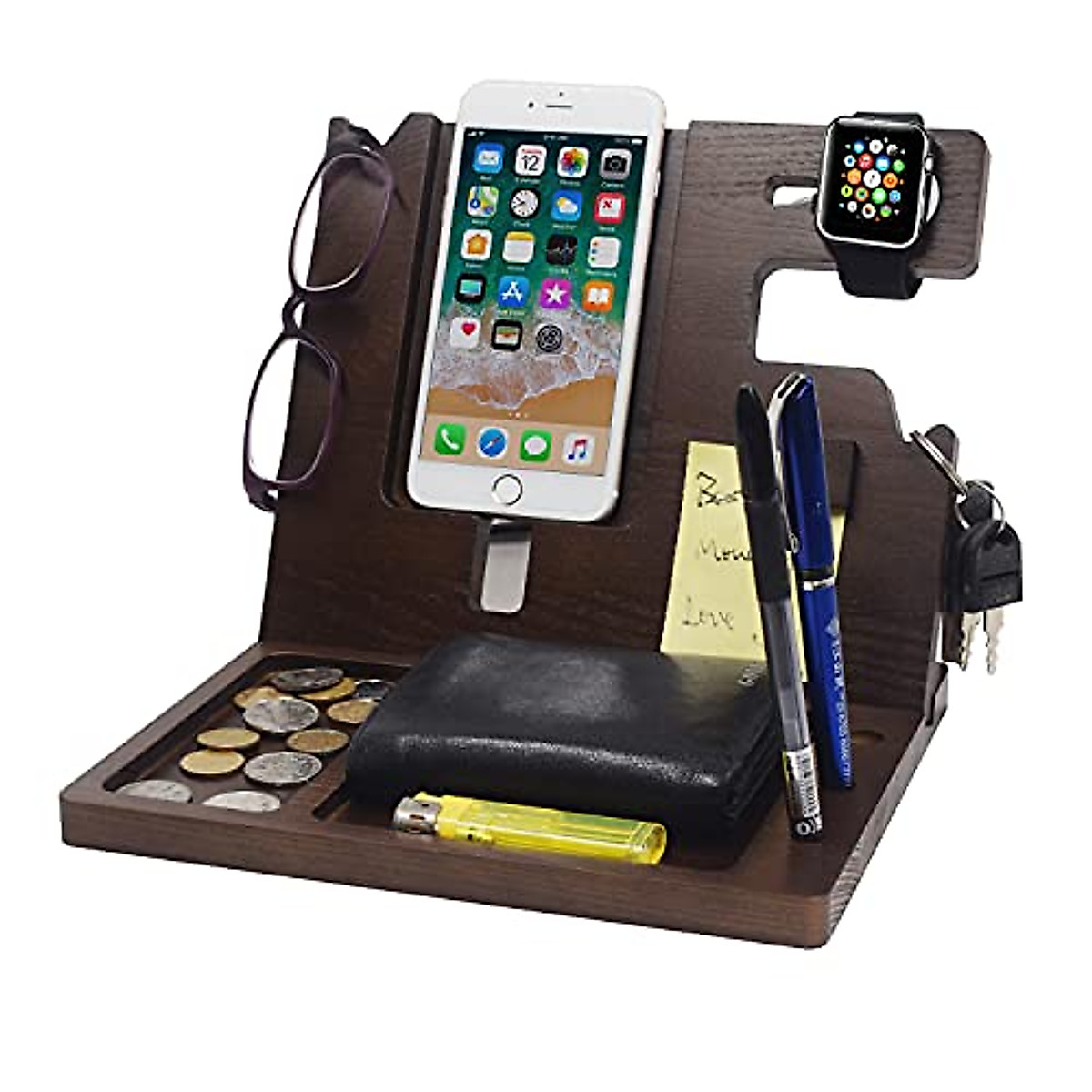 SOOMME Wood Phone Docking Station Ash Wallet Stand Watch Organizer Key Holder to Boyfriend Husband Wife Dad Birthday Nightstand Purse Father Graduation Male Travel Idea Gadgets