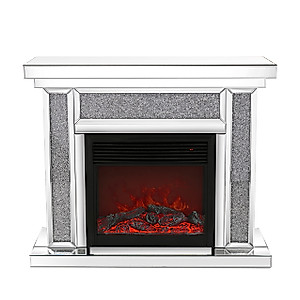 Mcltopz 47" Mirrored Electric Fireplace TV Stand, Fireplace Mantel Freestanding Heater Corner Crystal Diamond Surround Firebox w/Remote Control, Adjustable 3D Flame, 750/1500W for Living Room Bedroom