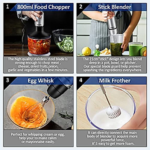 BioloMix Hand Blender 5 in 1 Immersion Blender 1000W, 6 Speed With Turbo Mode Handheld Blender Stainless Steel Blade With 800ml Chopper, 600ml Mixing Beaker, Whisk and Milk Frother