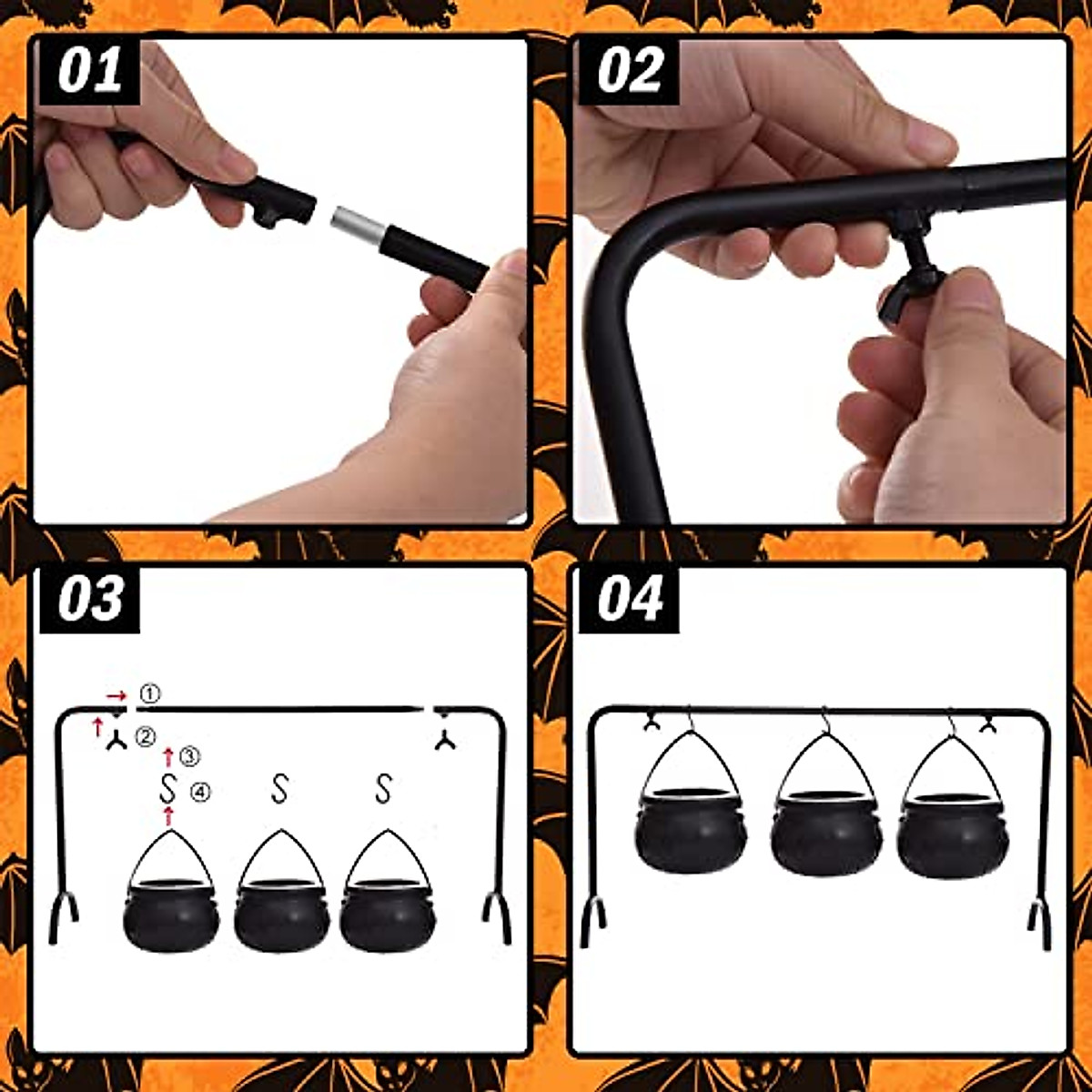 Rocinha Halloween Candy Bowls Decoration, 3 Pcs Witches Cauldron Serving Bowls with Iron Rack, Black Plastic Hocus Pocus Candy Bucket for Halloween Party Indoor Outdoor Home Kitchen Decorations