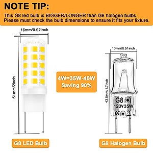 Gaormii G8 Led Bulb Dimmable, 35W Halogens Equivalent, T4 JCD Type Bi-Pin Base, 3000K Warm White G8 Bulb for Under-Cabinet Light, Under Counter Light, Under-Microwave Light, 120V 4W 360LM, 6 Pack