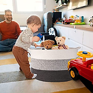 Blanket Basket for Living Room Large Cotton Rope Basket 21.7" x 21.7" x 13.8" Woven Laundry Basket Toy Storage Bins White Grey Black