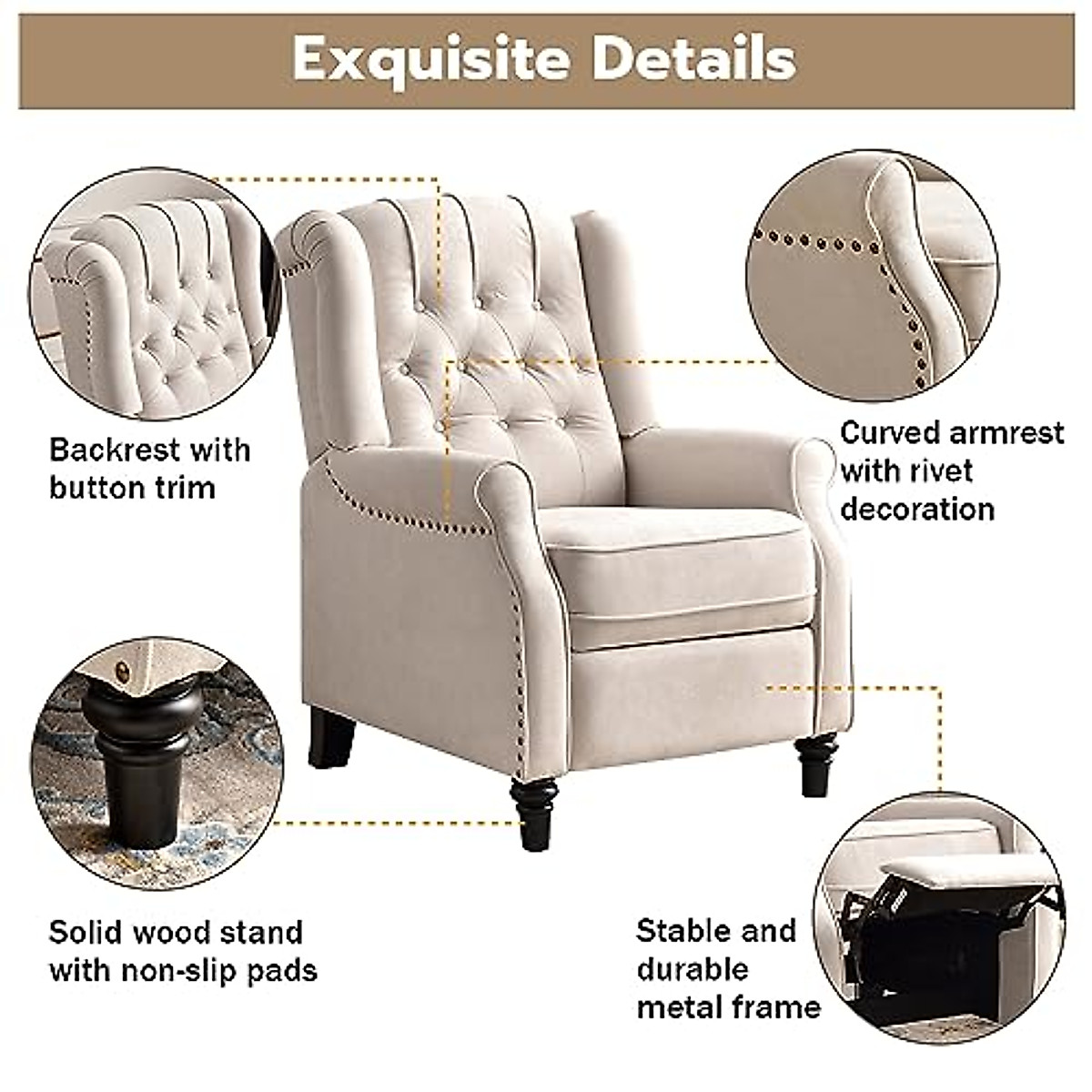 Phoenix Home Elizabeth Push Back Chair Recliner, Beige