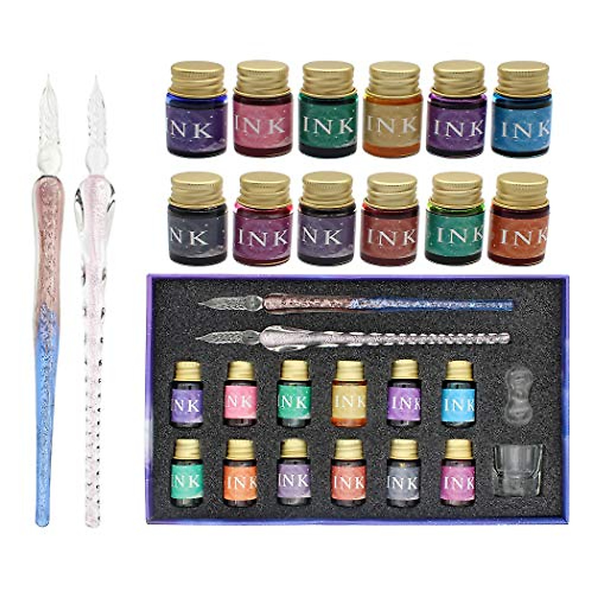 XIAOYU Glass Dip Pen Set, 16 Pieces Calligraphy Pen Set Includes 2 Crystal Glass Pens, 12 Colors Ink, Cleaning Cup, Pen Holder, Pink
