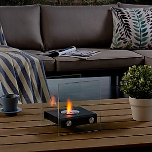 Danya B. Square Tabletop Smokeless Fireplace with Clear Glass Panels for Indoor/Outdoor Use, Ventless, Portable, 7.5" H x 6.75" D x 7.5" W, Modern Matte Black Metal Fire Pit, uses Bio-Ethanol Fuel